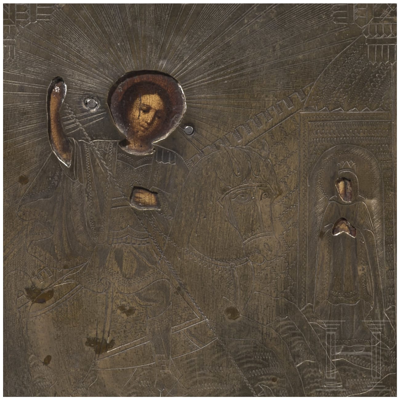 Two Russian icons with oklad - St. Nicholas of Myra and St. George and the dragon, 20th century ...