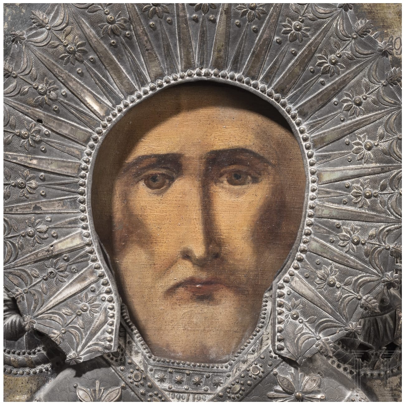 Two Russian icons with oklad - St. Nicholas of Myra and St. George and the dragon, 20th century ...