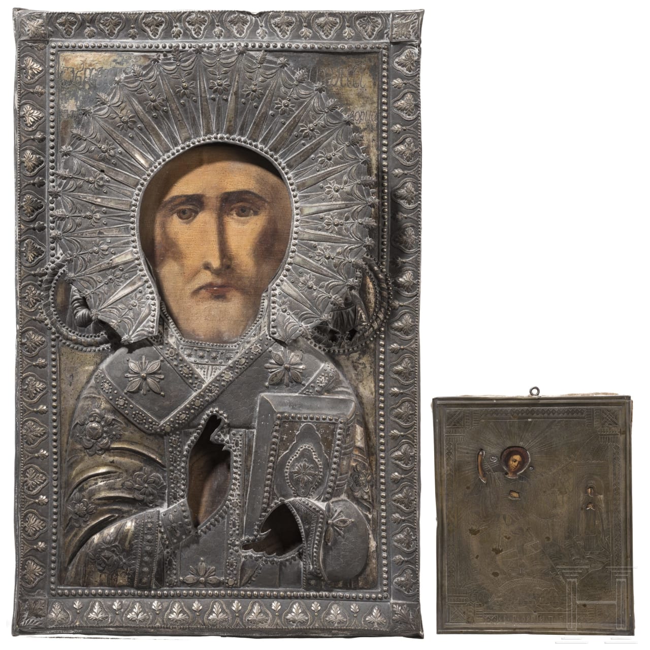 Two Russian icons with oklad - St. Nicholas of Myra and St. George and the dragon, 20th century ...