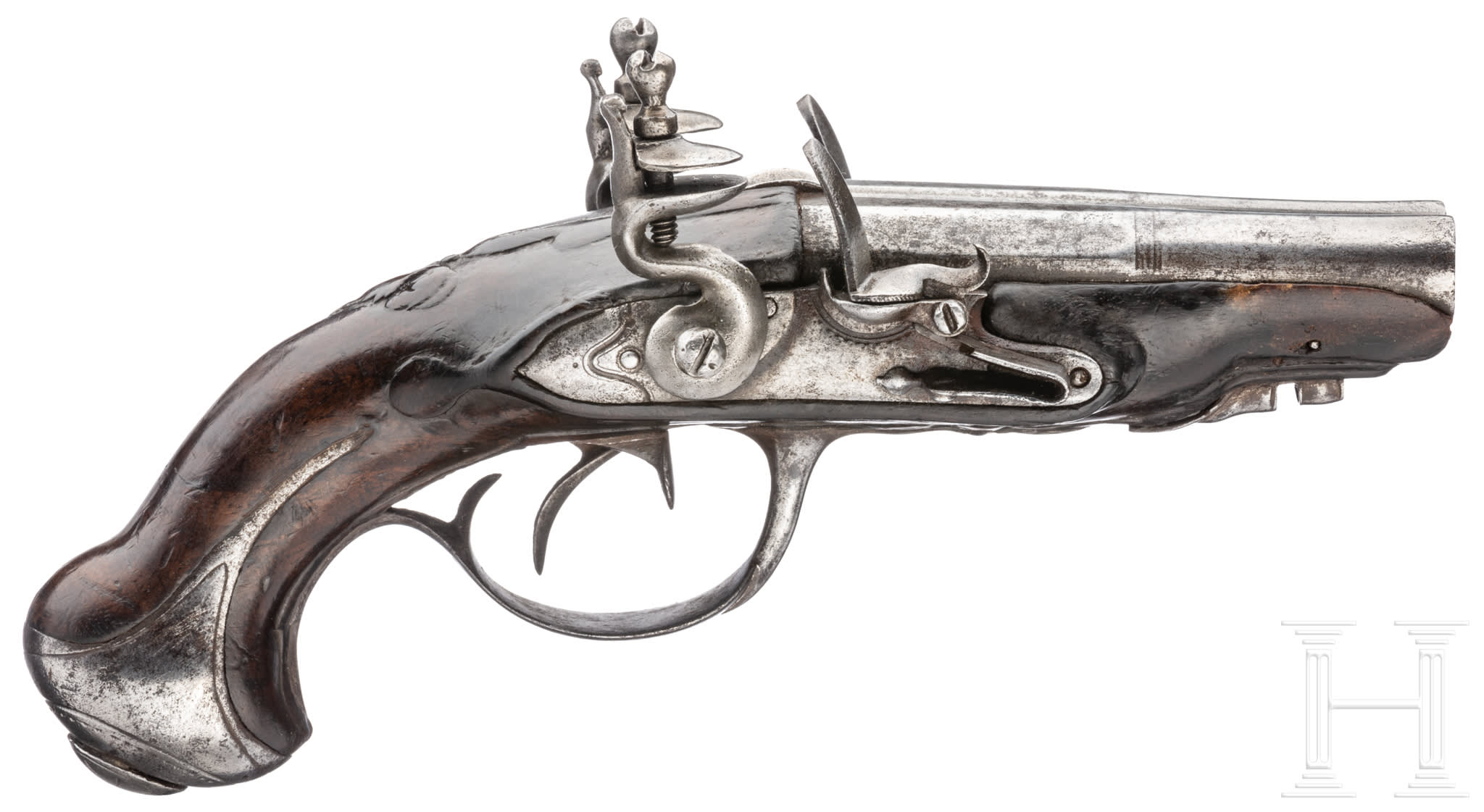 A side by side double barreled flintlock pistol, France, circa 1780 ...