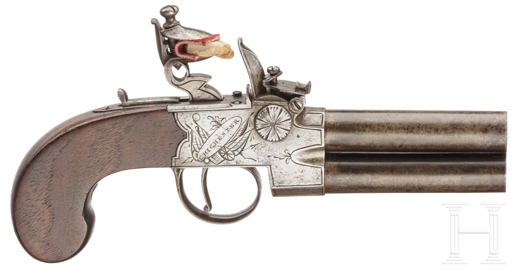 A tap-action over-and-under flintlock pocket pistol by Moore ...