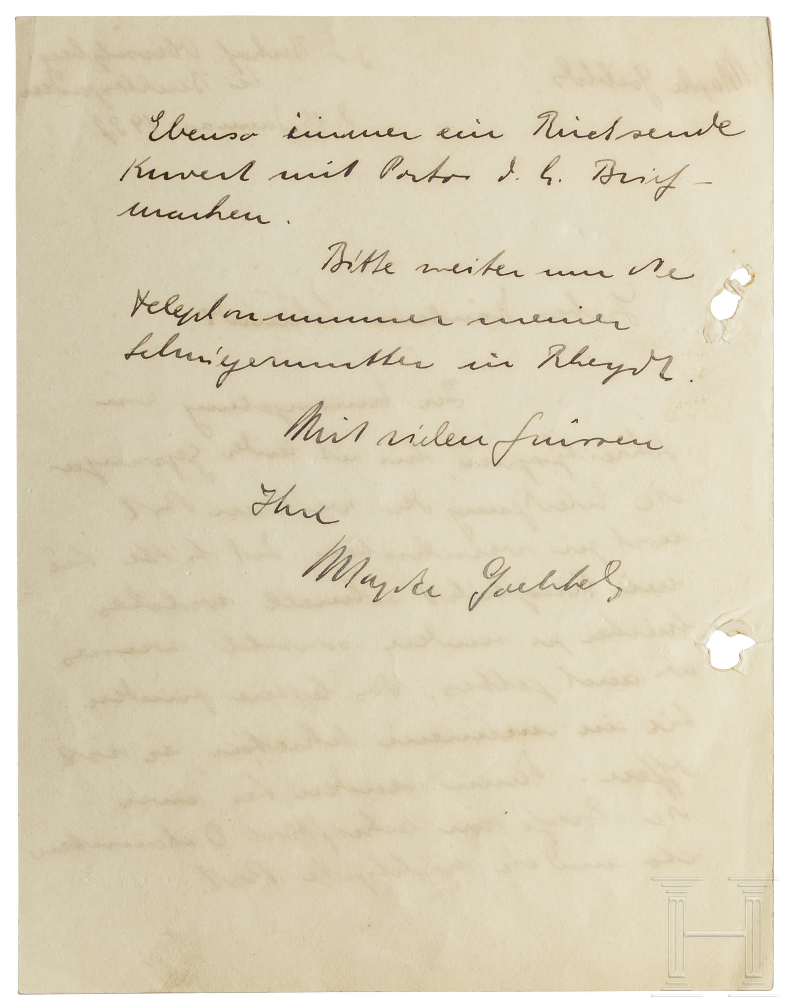 Magda Goebbels - a handwritten letter to her secretary Miss Schmidt ...