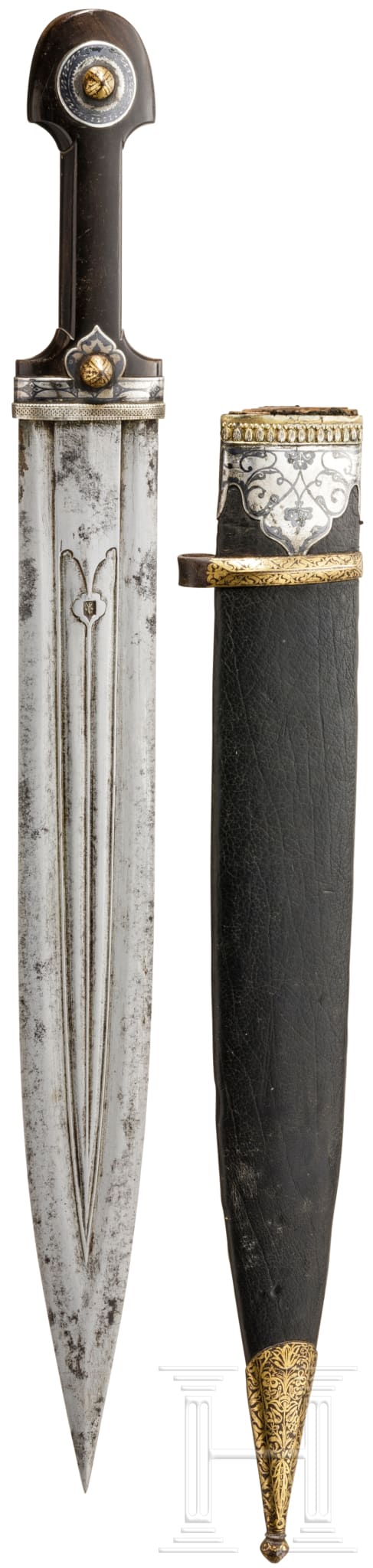 A Georgian silver-mounted, nielloed and gold-inlaid qama, circa 1865 ...