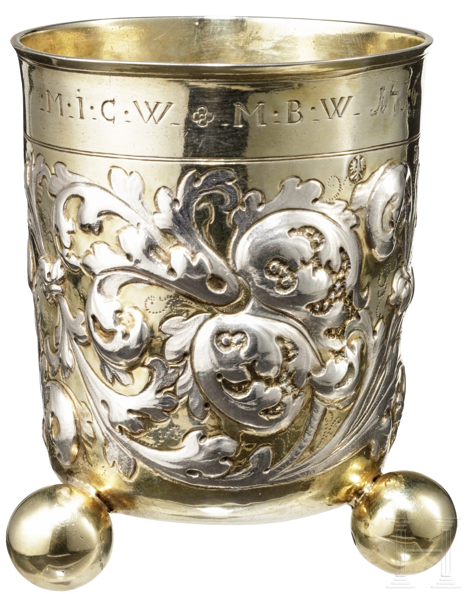 A silver, partially gilded beaker on spherical feet, Matthias Büttner ...