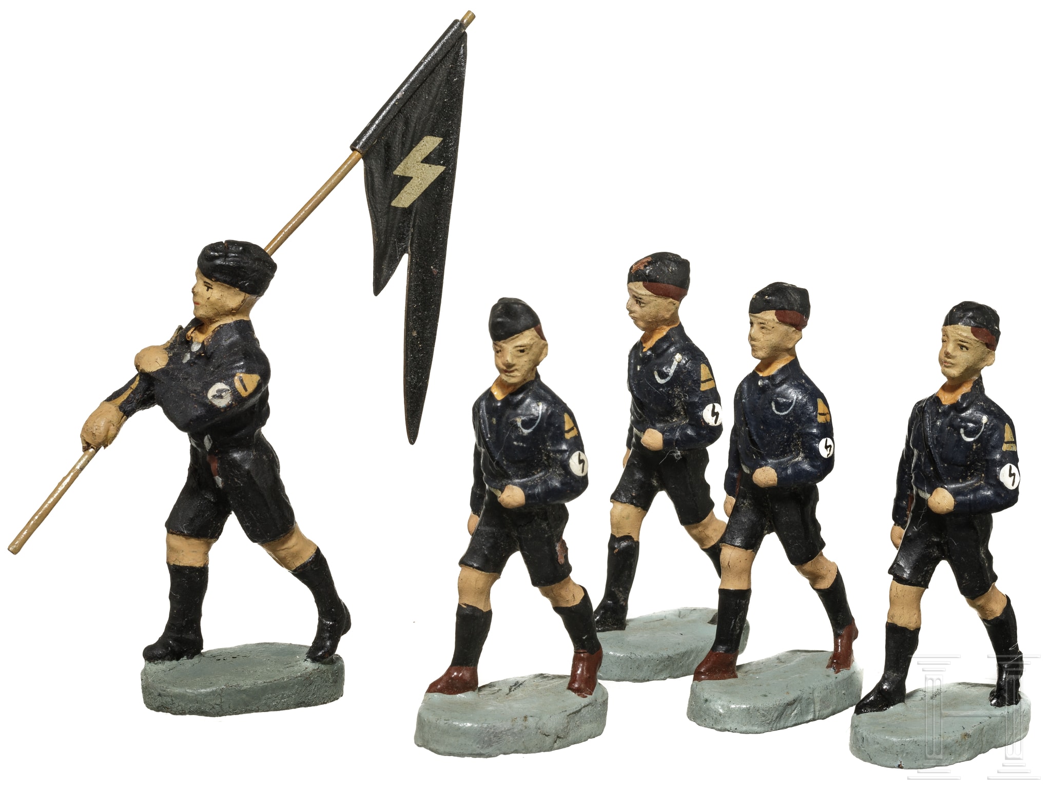 Five marching Elastolin Jungvolk Pimpfe in winter uniform, with pennant ...