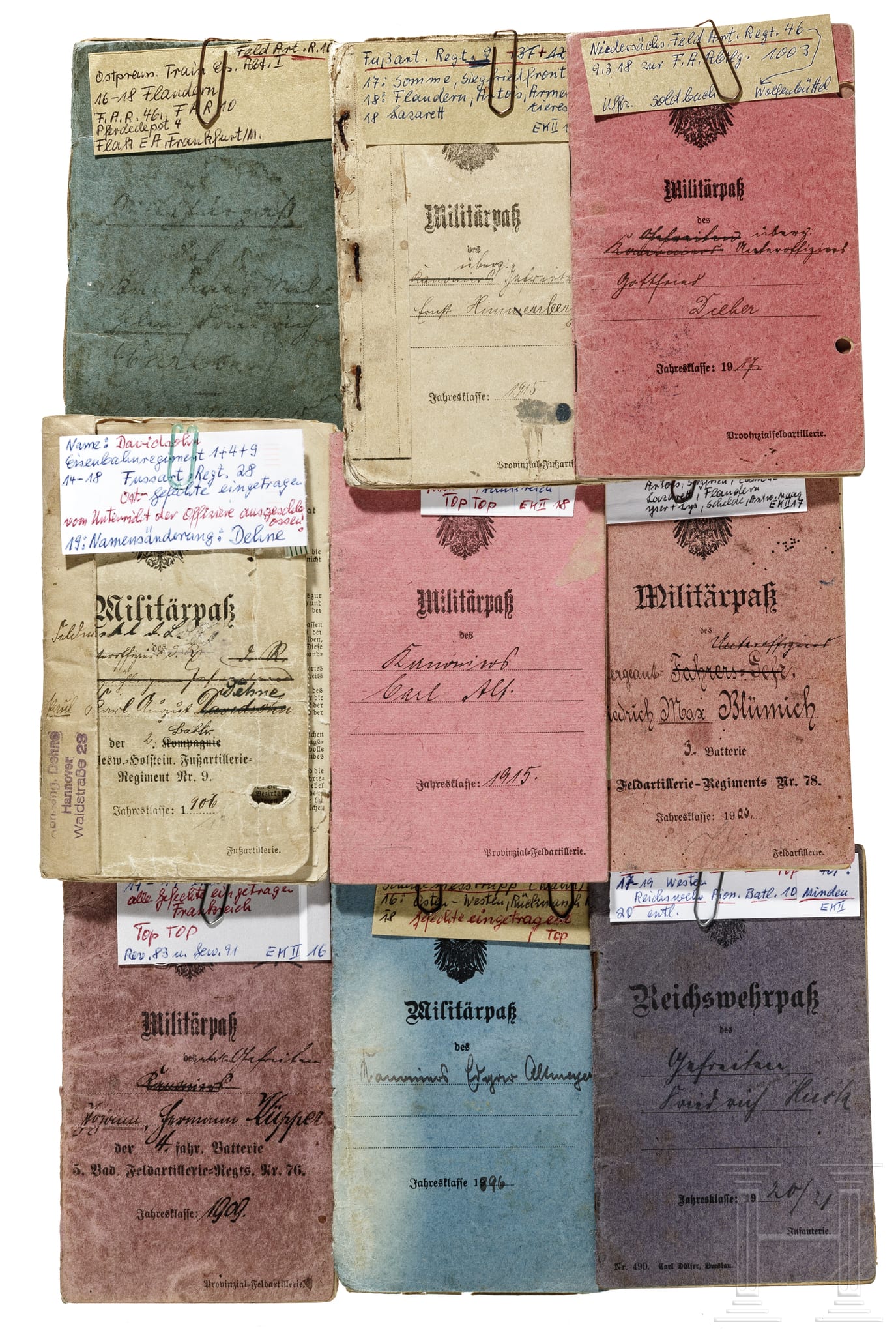 40 military passports and pay books from artillerymen of the Imperial ...